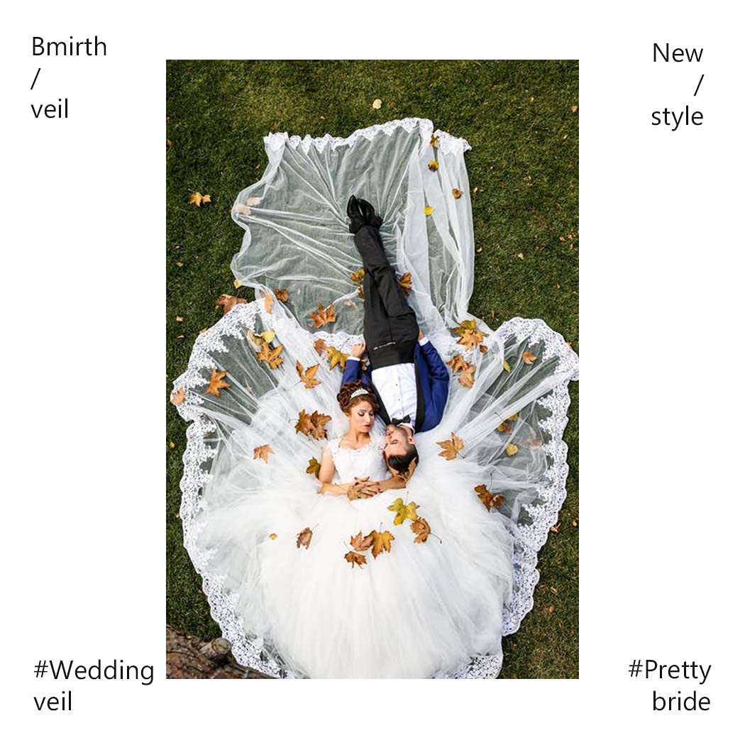 Bmirth 1 Layer Bridal Wedding Veil Cathedral Long Length Lace Bride Tulle Hair Accessories With Comb for women Floral 118" Veil Headpeice (White)
