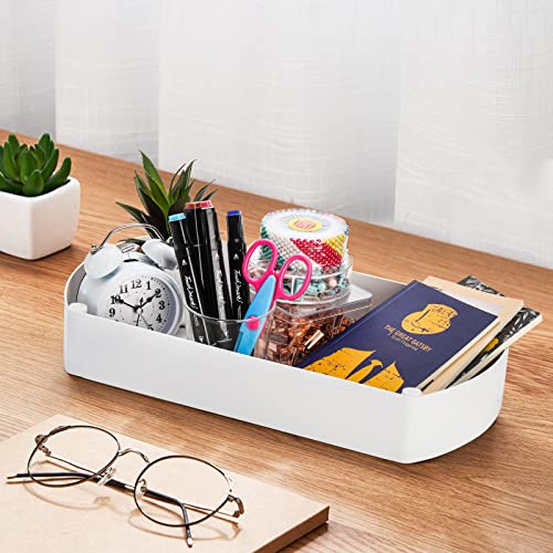 Dicunoy Under Sink Organizer and Storage, Plastic Under Cabinet Shelf for Bathroom, Multi-Purpose White 2 Tier Counter Side Organizer Bins with Hooks for Kitchen, Coffee Bar, Office, Table