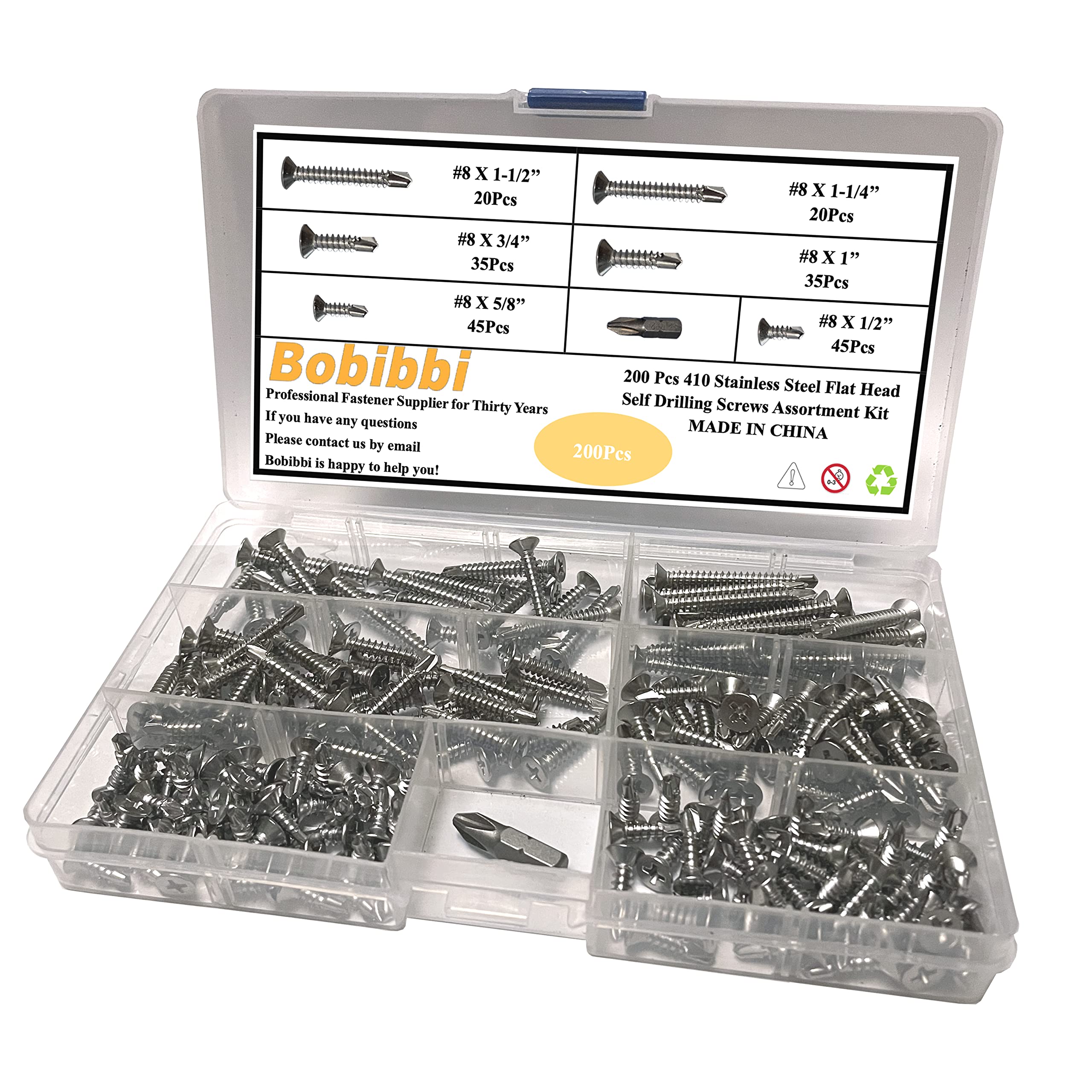 Bobibbi 410 Stainless Steel #8 Self Drilling Screw Assortment Kit, Flat Head Sheet Metal Screws - Size: #8 x 1/2'' - 1-1/2'' - Pack of 200