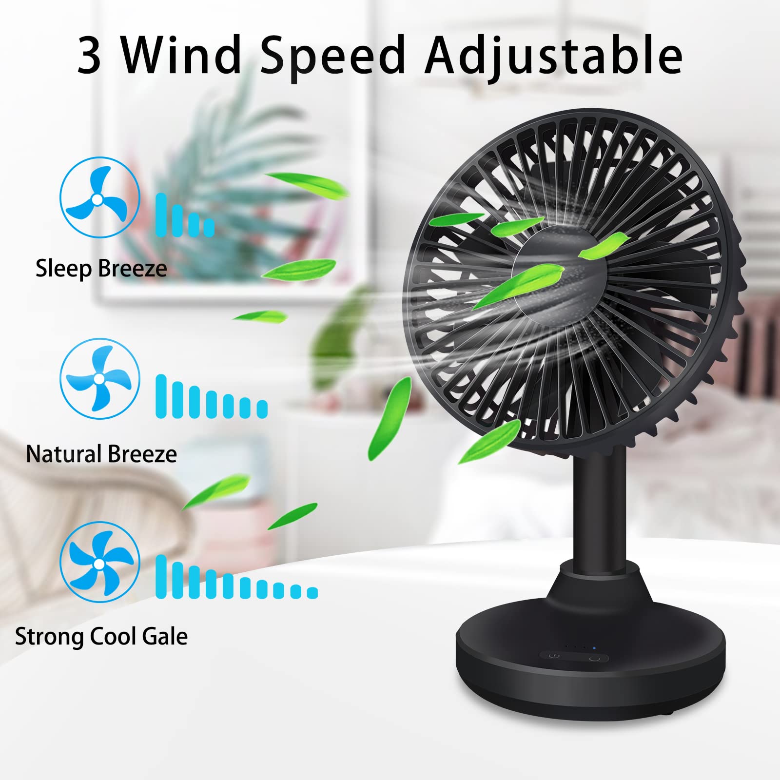 USB Desk Fan,Small Table Fan Oscillating Fan Head Rotating Adjustment Portable Mini Personal Fan 3 Speeds Strong Wind Quiet Desktop Table Cooling Fan for Home Office Table Dorm Outdoor Camping Travel