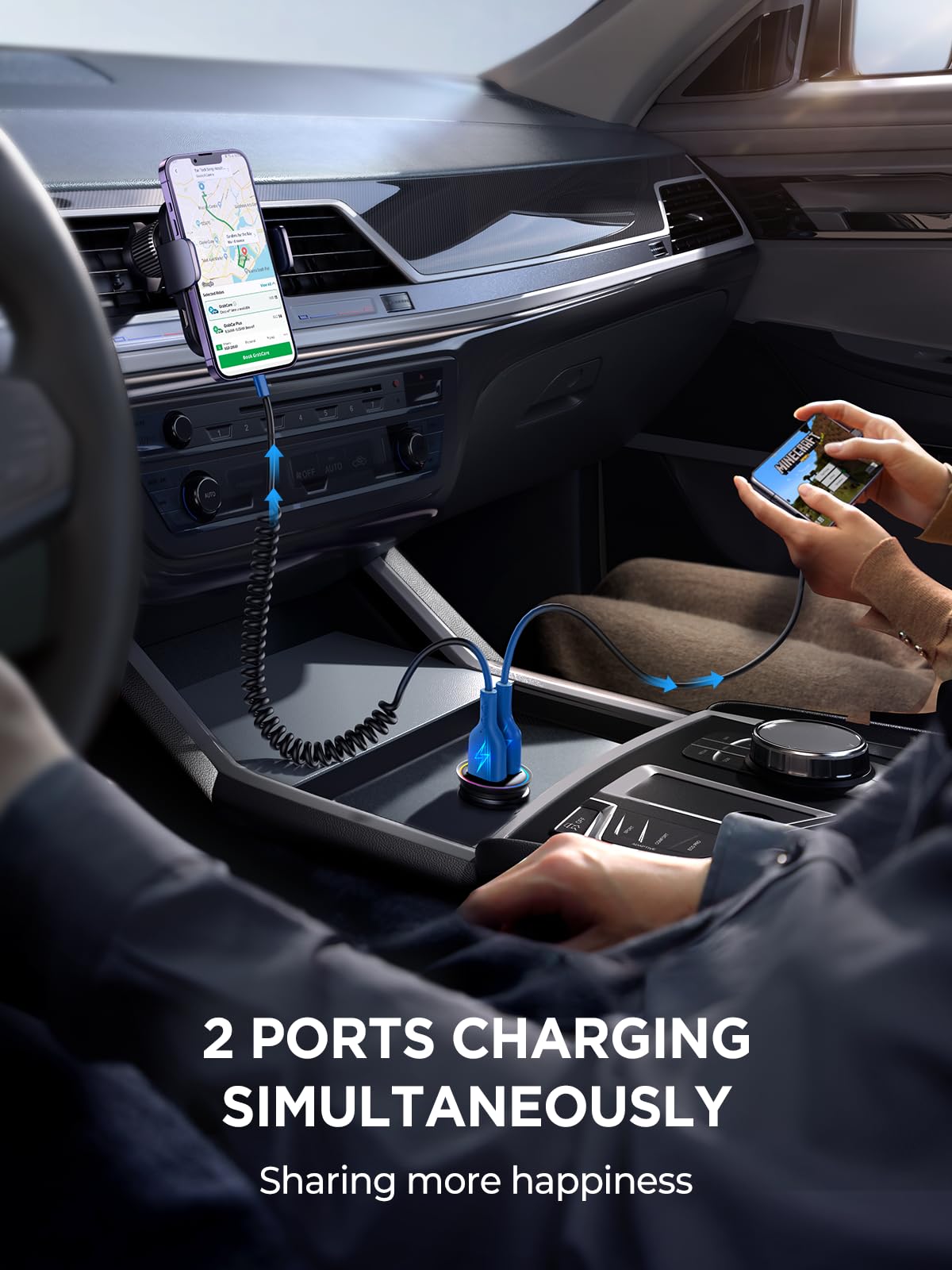 Car Charger,JOYROOM 4.8A Car Phone Charger All Metal, Mini Cigarette Lighter USB Charger with Type C Coiled Cable for iPhone 15 Pro, Dual USB Car Charger Adapter Fast Charge for iPhone/Samsung/Android