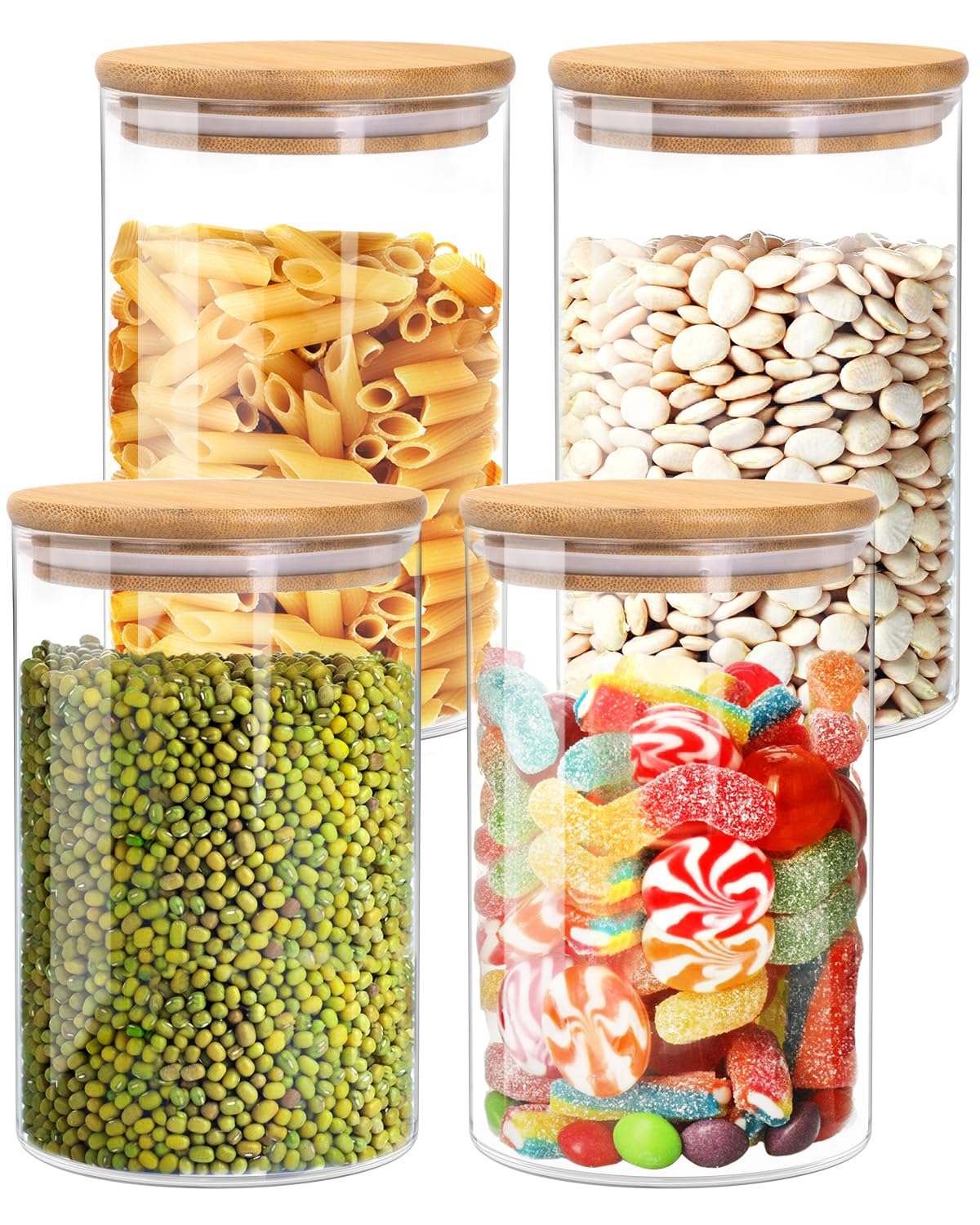 Dynta Glass Jars with Bamboo Lids, 37oz 4 Pack Food Storage Canisters for Kitchen Pantry Organization, Clear Wide Mouth for Easy Access to Flour, Rice, Oats, Snacks