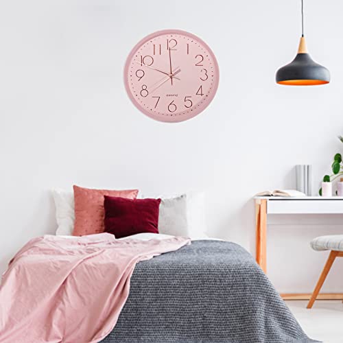 JUSTUP Round Wall Clock, 12 Inch Pink Large Wall Clock for Bedroom, Quality Quartz Modern Silent Clock with Battery Operated, Arabic Quiet Wall Clock Decor for Home Kitchen Living Room Office (Pink)