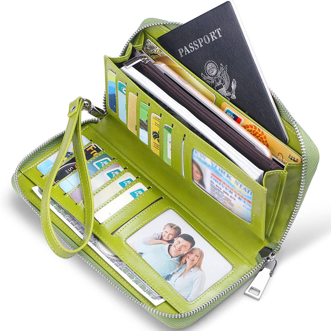 JEEBURYEE Women's RFID Blocking Large Capacity Luxury Oil Wax Genuine Leather Zip Around Wristlet Wallet Clutch Multi Card Holder Ladies Purse Green