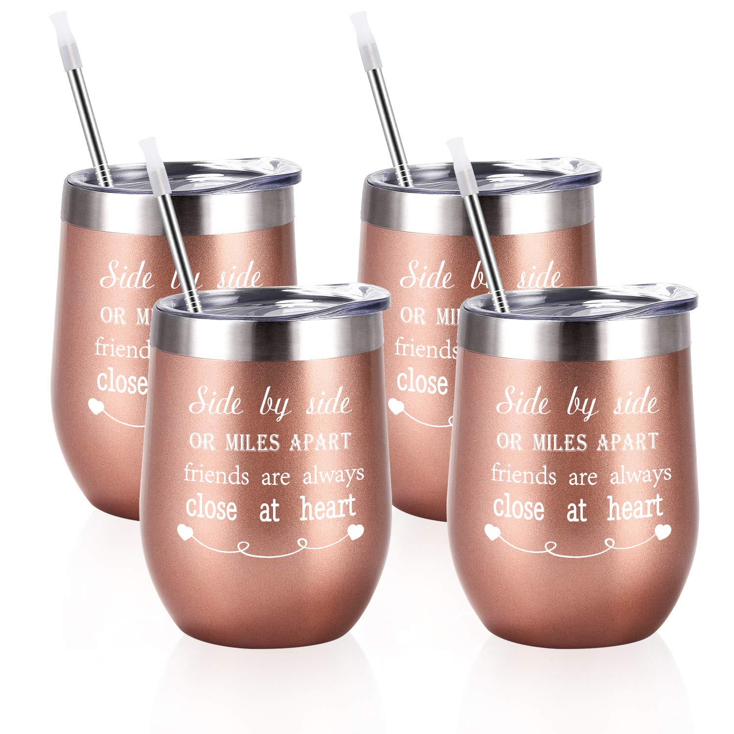 Friends Wine Tumbler Set of 4, Side By Side or Miles Apart Friends Are Always Close at Heart Wine Tumbler for Long Distance Friendship, 12 Oz Stainless Steel Insulated Wine Tumbler with Lid and Straw