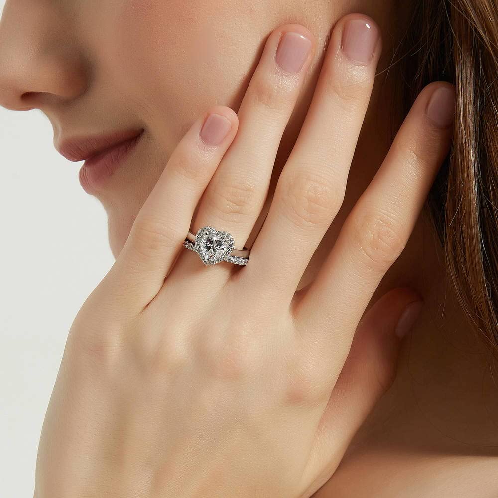 BERRICLE Sterling Silver Halo Wedding Engagement Rings Cubic Zirconia CZ Heart Ring Set for Women, Rhodium Plated Size 7