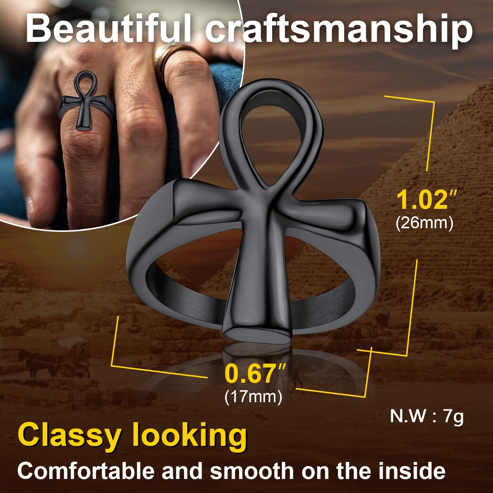 Black Stainless Steel Rings for Women Size 7 Protection Ring Ankh Cross Ring