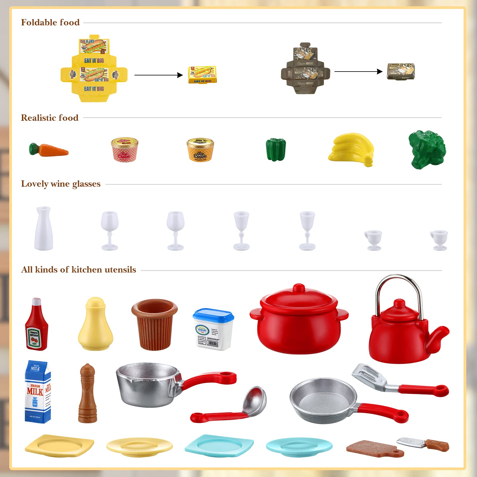 Chivao 43 Pcs Dollhouse Furniture Kitchen Play Set Miniature Refrigerator with Mini Food Pots and Pans Set Pretend Play Kitchen Accessories Kitchen Toys