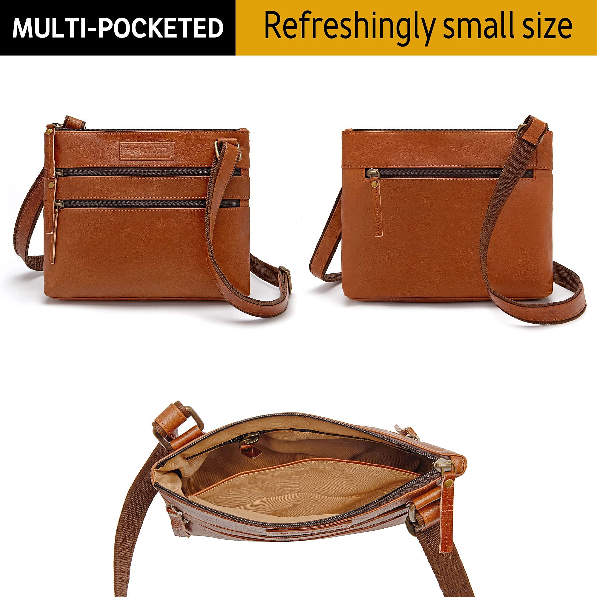 rofozzi Leather Crossbody Bags for Women - Shoulder Handbag and Purse with Triple Zipper Pockets - Small