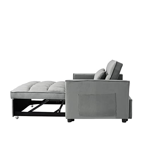 FULife Bed Convertible Sofa Pull-Out Sleeper, Loveseat Futon Sofá Chair w/Adjustable Reclining Backrests,Side Pockets&2 Pillows,Velvet Small Love Seat Lounge Couch, Grey-b