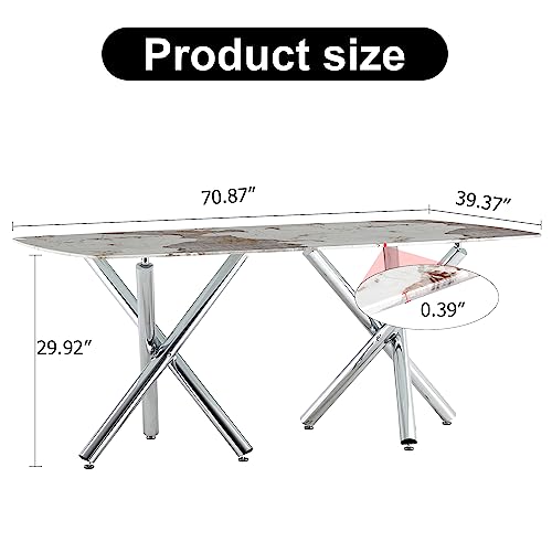 Ginxesh Faux Marble Dining Table for 6-8,71'' Large White Imitation Marble Dining Table with Double Sliver Metal Bases and Oval Corner,Modern Glass Table for Dining Room,Living Room,Kitchen,Office