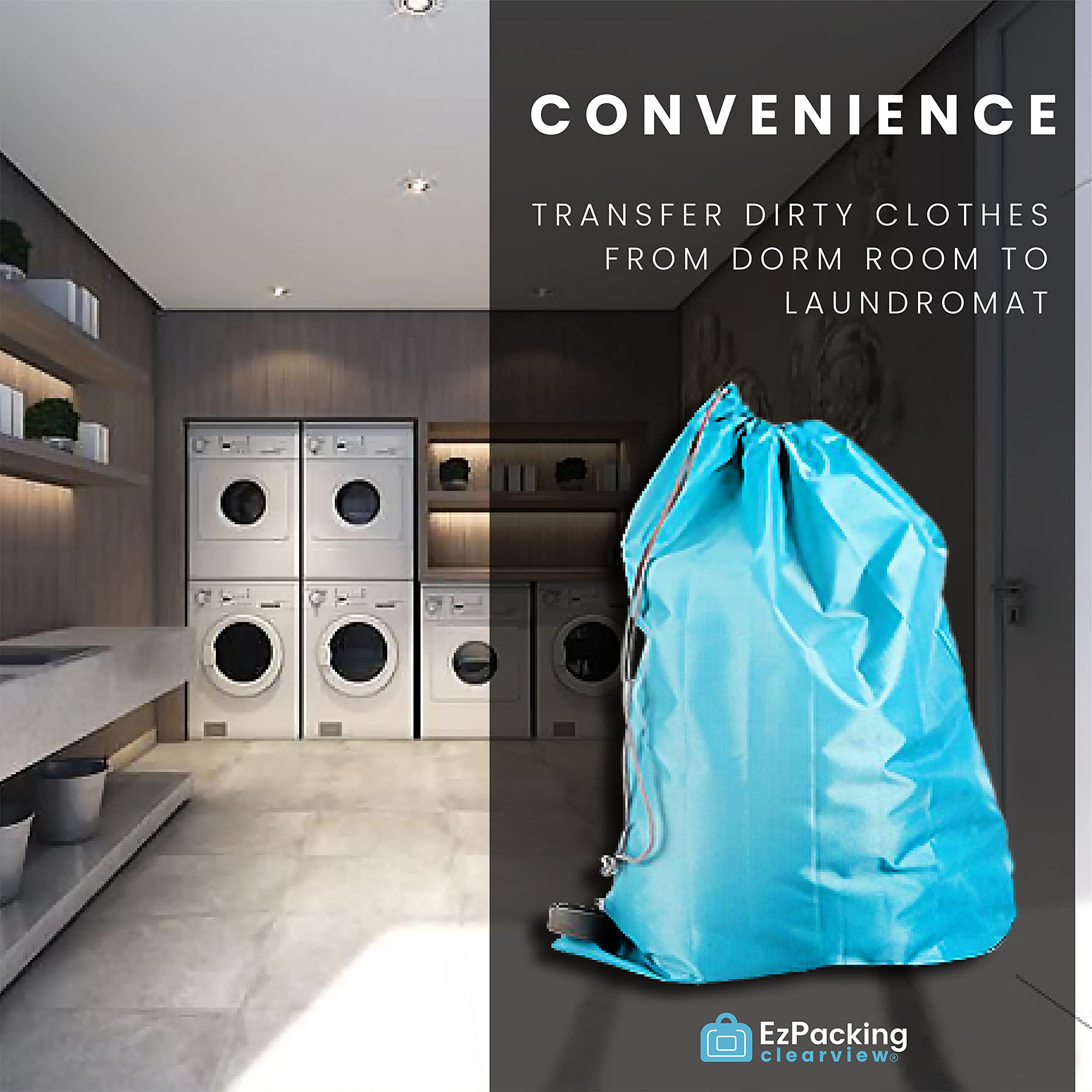 EzPacking Travel Laundry Bag with Drawstring/Foldable Compact Lightweight Small Travel Size for Suitcase / (22β X 16β) / Clean Dirty Clothes Wash Bag/Nylon Blue/Washable/For Women Men Kids Baby