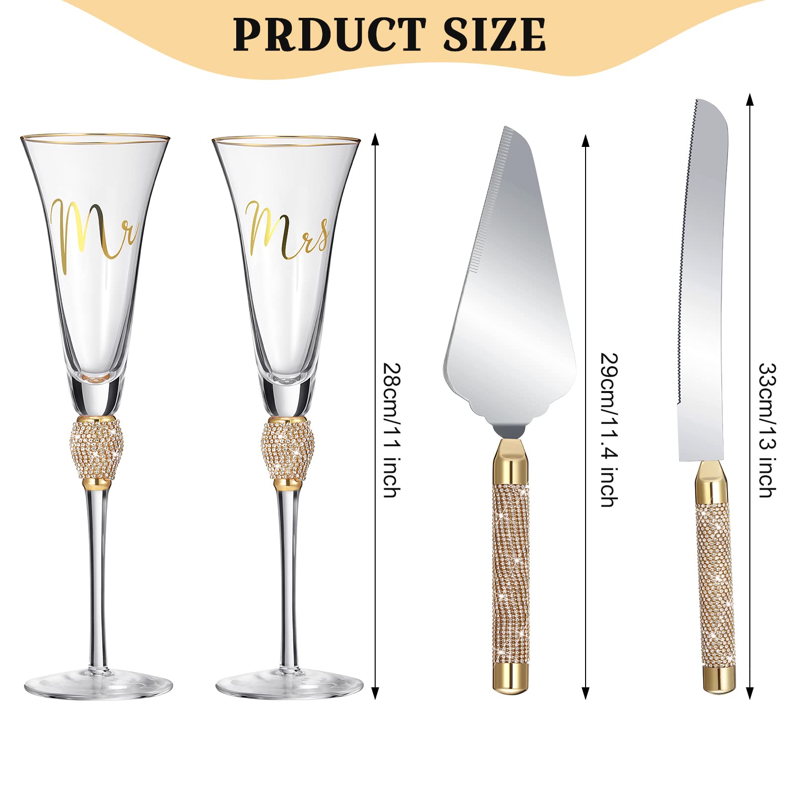 Boao 4 Piece Wedding Toasting Flutes and Cake Server Set Wedding Reception Supplies Champagne Glasses Cake Knife Pie Server (Gold)