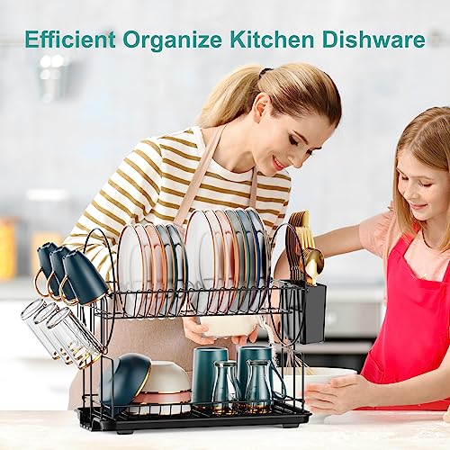 iSPECLE Dish Drying Rack - 2 Tier Small Dish Racks for Kitchen Counter with Glass Holder, Utensil Holder and Drainboard, Small Dish Dryer Rack, Multifunctional Dish Drainer, Black