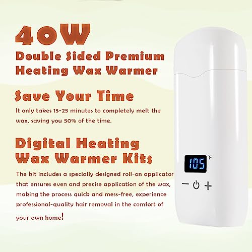 Digital Roll On Wax Kit, Thermostatic Roll On Wax Warmer for Hair Removal for Sensitive Skin,Portable at Home Waxing Kit for Women&Men, Depilatory Soft Honey Roller Waxing Kit - White