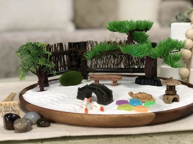 COCORO DIY Desktop Zen Garden for Desk and Office Accessories Includes Zen Garden Sand, Rocks, Rake, Moss Stones, Fishes, Lantern, Bridge, Bench, Baby Pine Tree, Pine Tree, and Turtle