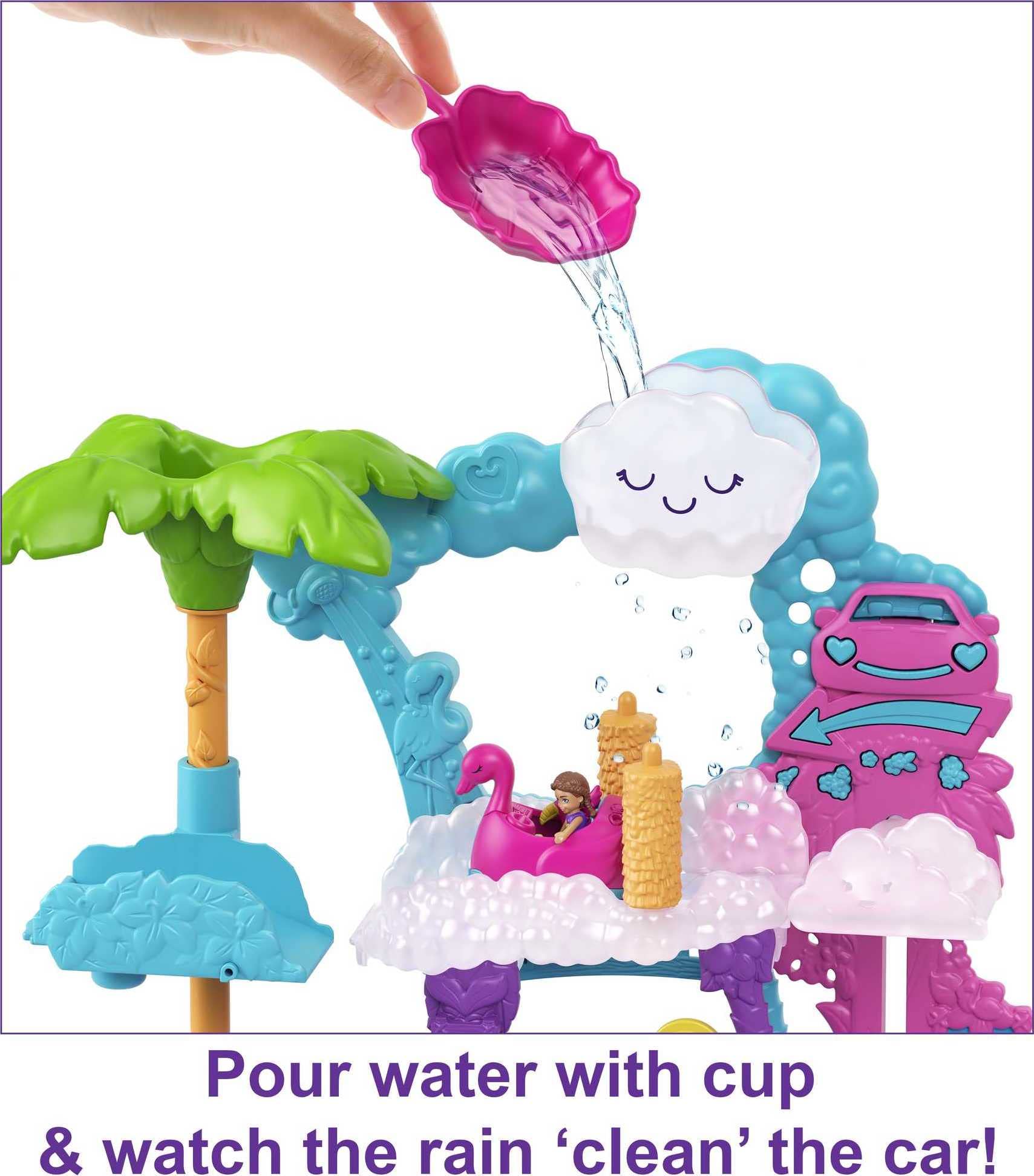 Polly Pocket Playset, Pollyville Flamingo Fun Car Wash with 2 Micro Dolls, Toy Car, Water Play & Color-Change Accessories