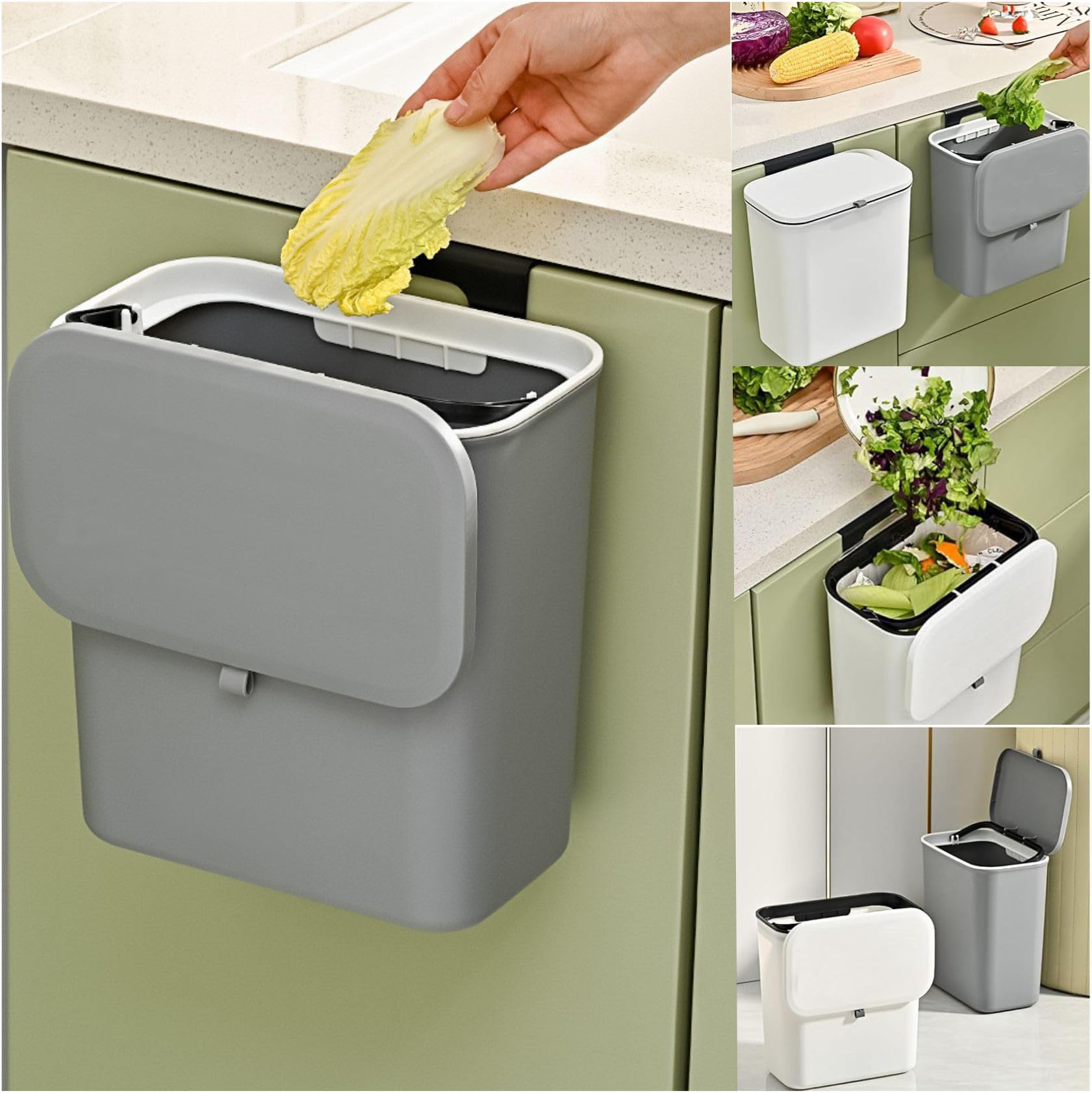 Cq acrylic 2.4 Gallon Kitchen Compost Bin for Counter Top or Under Sink,Hanging Kitchen Trash Can,Plastic Wall Mounted Garbage Can,Small Kitchen Waste Basket,Food Waste Bin for Countertop,Grey