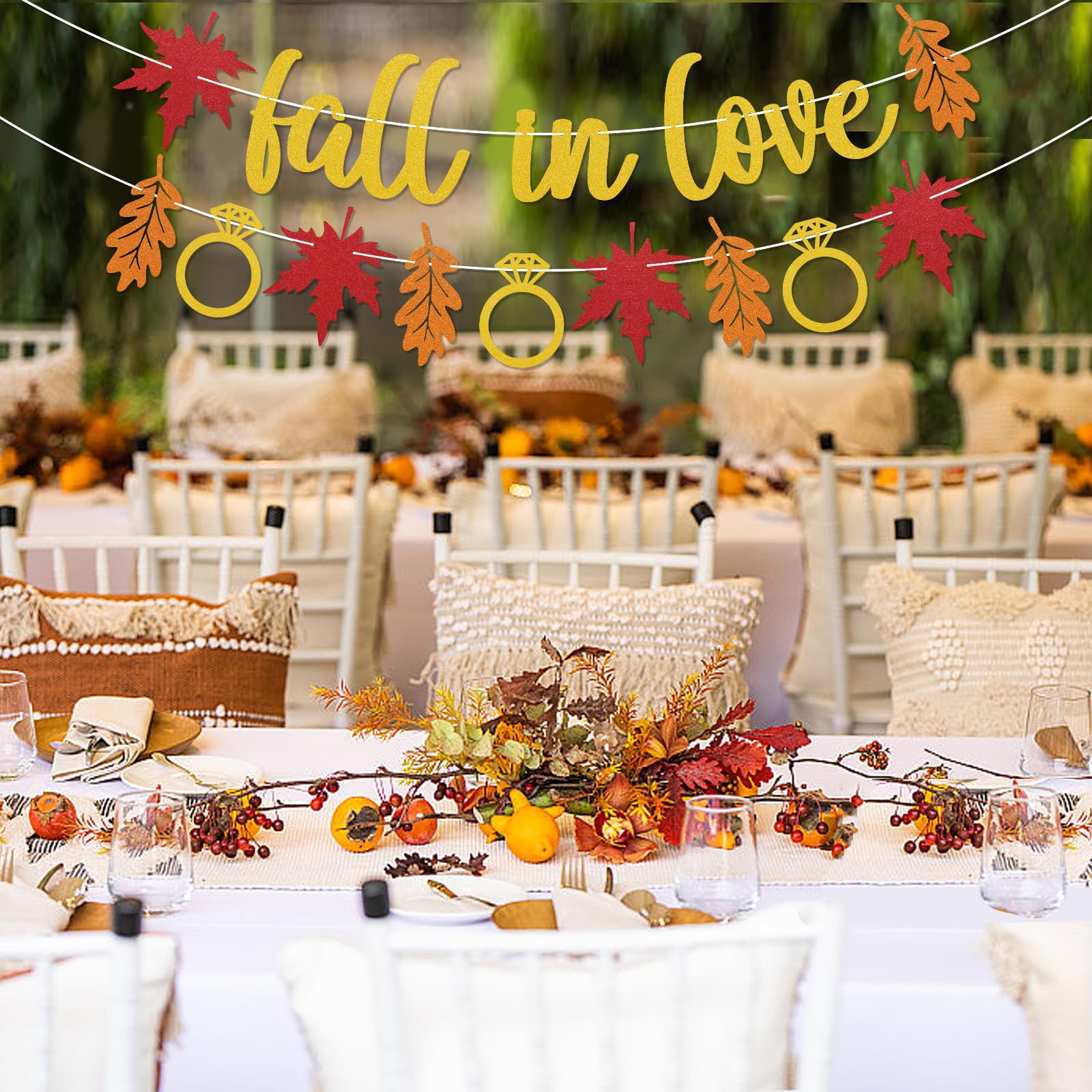 Fall in Love Banner - Fall Bridal Shower Decor, Autumn Maple Leaves Ring Theme Bridal Wedding Party Decorations Gold Glitter