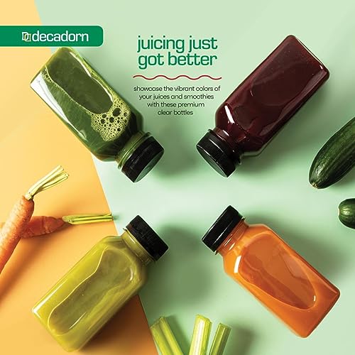 DECADORN 8oz Plastic Bottles With Caps - 12 Pack Plastic Juice Bottles For Juicing - Empty Juice Containers With Lids For Fridge - MADE IN USA Clear Mini Reusable Bottles With Lids - drink container