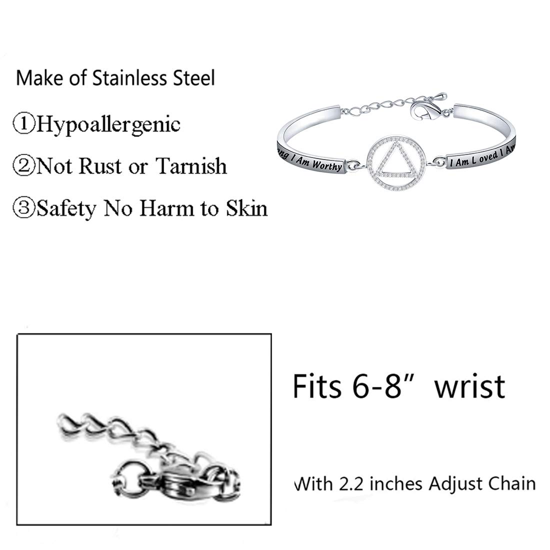 BNQL Alcoholics Anonymous Bracelet AA Sobriety Gifts Sobriety Recovery Bracelet Sober Gifts for Women (SILVER)