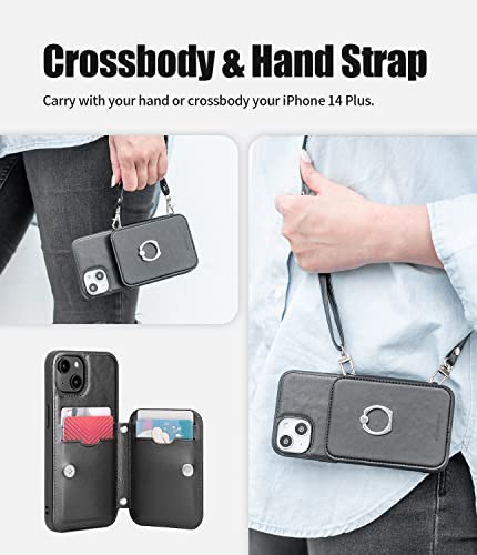 GOOSPERY Rich-Fit iPhone 14 Plus Crossbody Wallet Case for iPhone 14 Plus Case [Strap Included] with Card Holder Lanyard Magnetic Clasp [Kickstand Ring] Heavy Duty Protection, Black