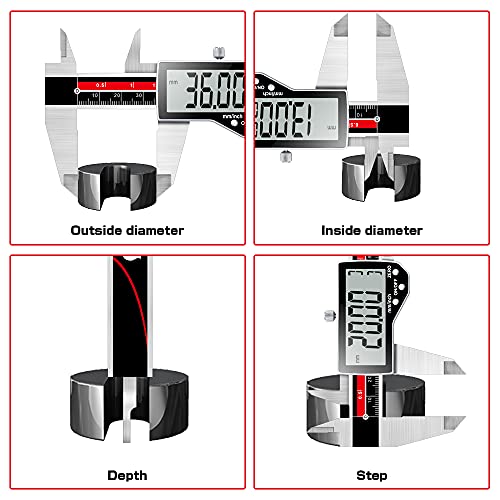 Caliper Measuring Tool, Qfun 6 Inch Electronic Digital Caliper with Stainless Steel and Extra-Large Display, IP54 Waterproof Vernier Calipers for Engineer Carpenter