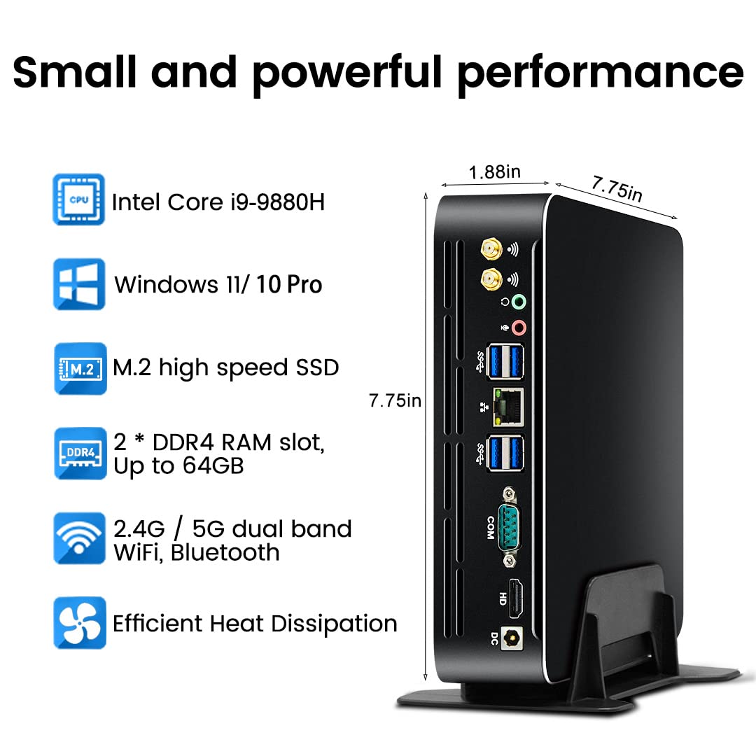 BOESIIPC Mini PC, Desktop Computer i9-9880H,Up to 4.8GHz Windows 11 Pro, 16G DDR4 RAM/512G NVME M.2 SSD, 4K, USB3.0, HDMI, COM, WiFi, BT4.0