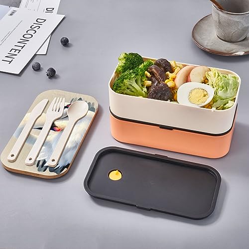 Cute Little Swan Adult Lunch Box, Bento Box, With Cutlery Set Of 3, 2 Compartments, Rectangular, Lunch Box For Adults