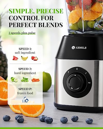 KIDISLE Professional Blenders for Kitchen, 1200W Powerful Smoothie Blender, 52oz Glass Jar for Shakes and Smoothies, Ice Crush, Frozen Fruit, Stainless Steel & Sliver