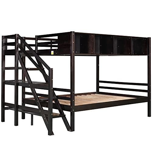 DEYOBED Twin Over Full Wooden Bunk Bed with Storage Staircase and Cabinets for Kids Teens