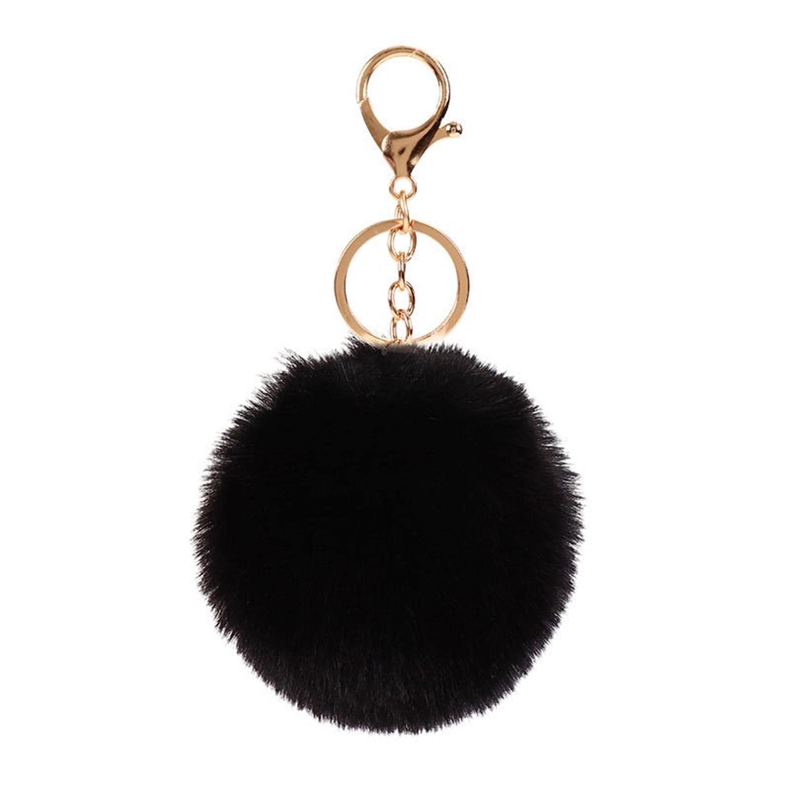 Pom Pom Keychains Colorful Faux Rabbit Fur Ball Keychain Car Key Ring Soft Plush Pompoms Handbag Keyring Charm-black