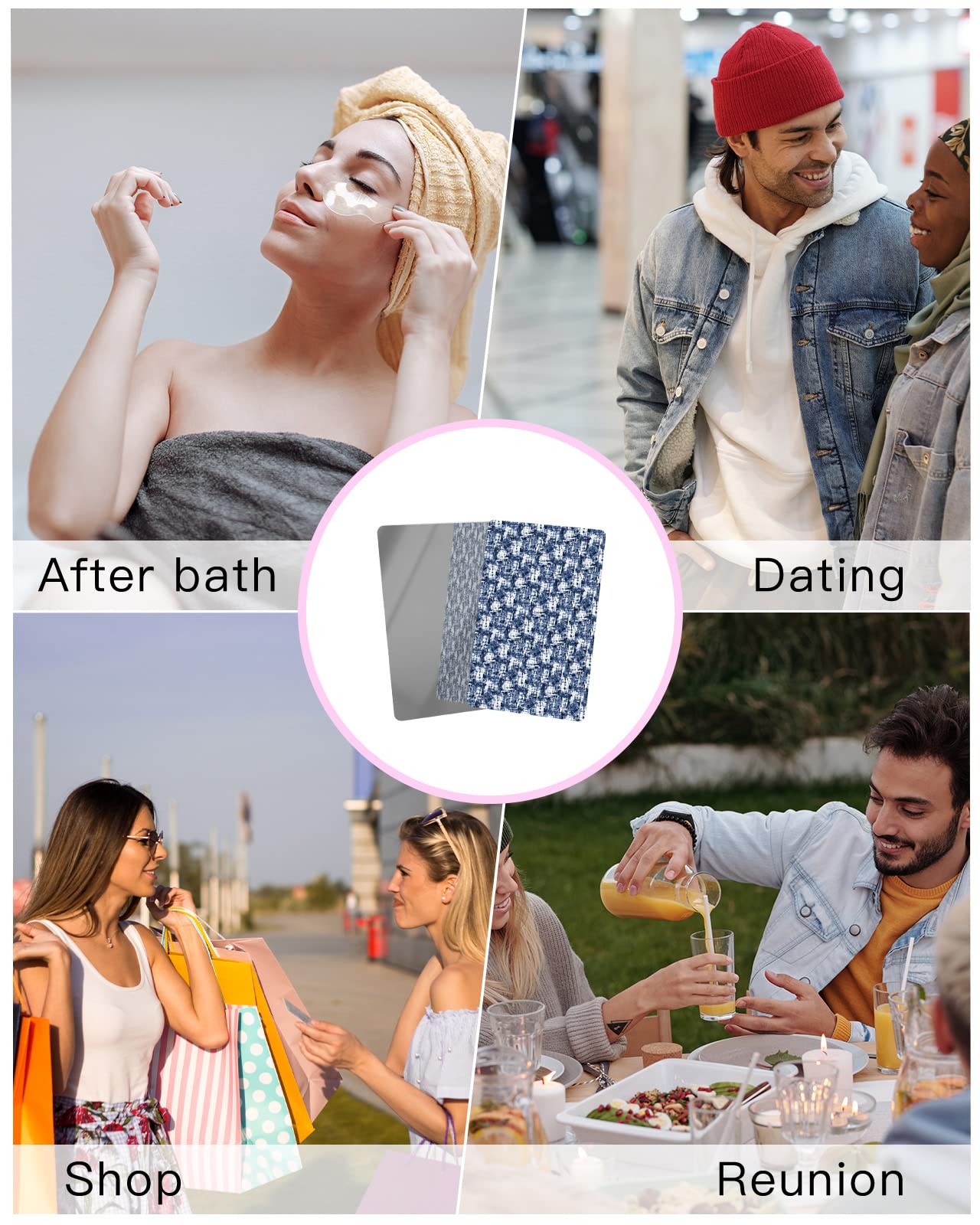 Carosoffe Blue White Small Compact Mirror for Purse, Geometric Abstract Art Retro Linen Texture Travel Makeup Mirror for Women Men, Rectangular Handheld Compact Pocket Mirror 4 PCS