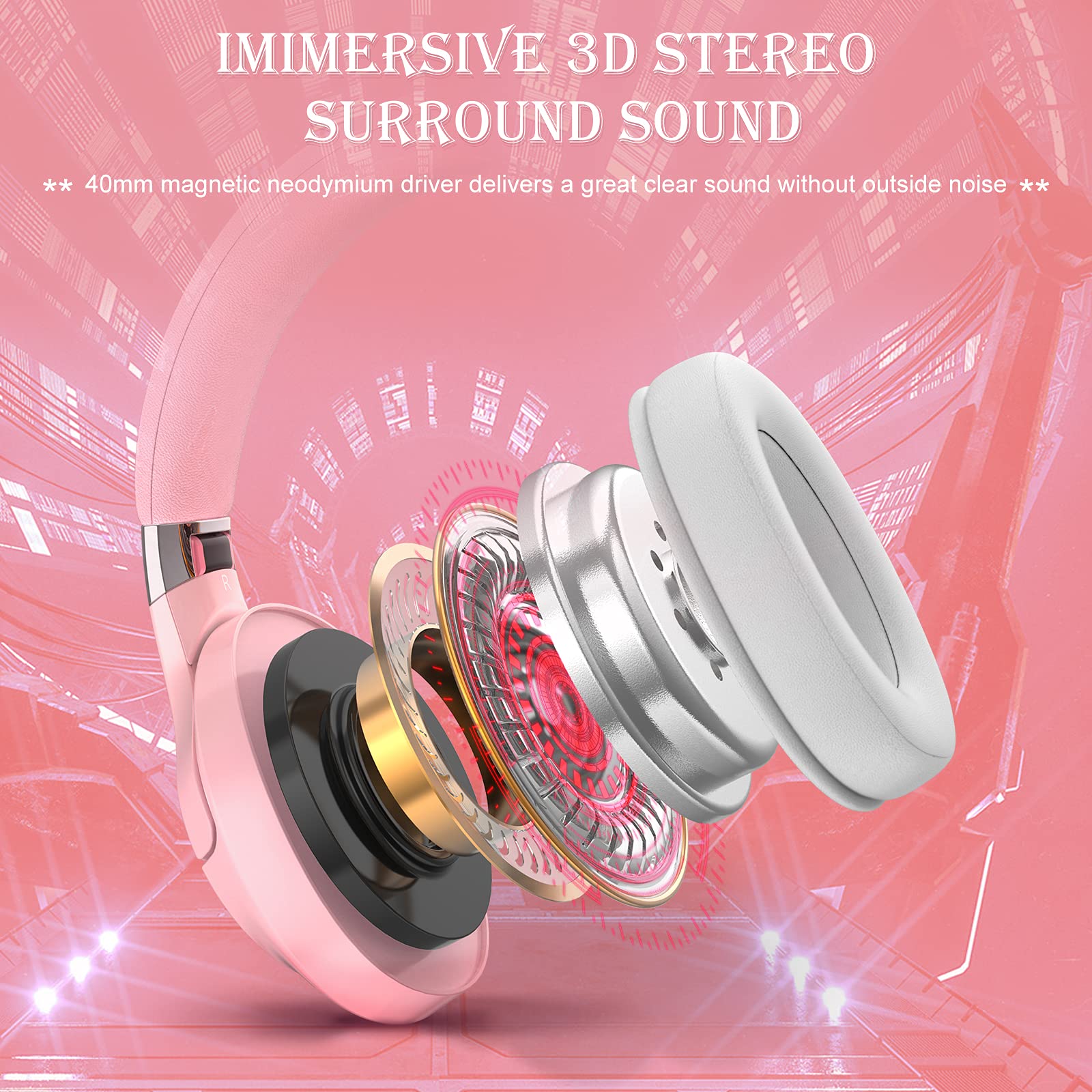 HOLULU Foldable Pink Gaming Headset Compatible with PS5 PS4 PC Mobile Phone Tablet Xbox One(Adapter Not Included), with Detachable Noise Canceling Mic, 3.5mm & USB C Plug, for Adults & Kids