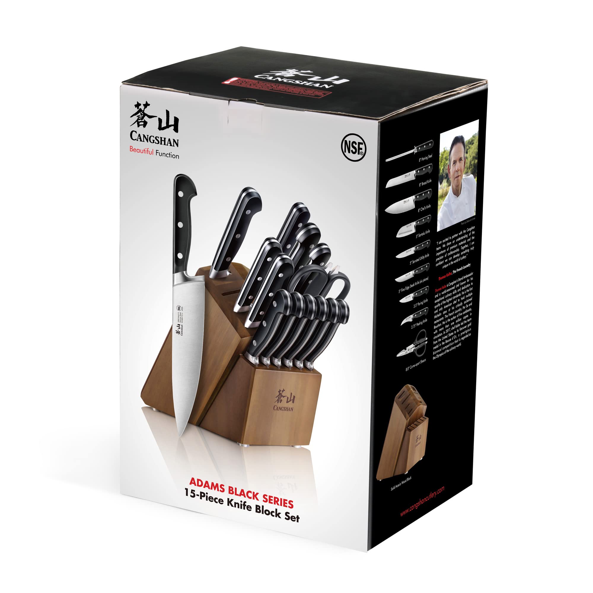 Cangshan Adams Series 1027266 German Steel Forged 15-Piece Knife Block Set, Black