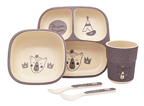 Kids 5 piece Dinnerware Set - Bamboo Toddler Dinner Set - Dishwasher Safe - The Perfect Childrens Dining Set With A Bowl, Plate, Cup And Utensils- Divided Plate Which Is Great For Fussy Eaters
