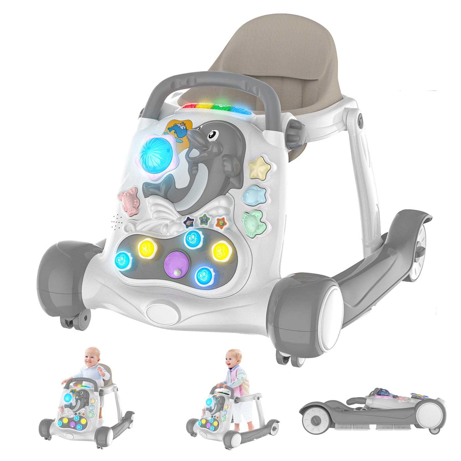 Baby Walker with Wheels, 2-in-1 Activity Walker Learning-Seated, Walk-Behind, Rich music game panel, Adjustable Height & Speed, Foldable Baby Walker for Boys and Girls from 6-18 Months with Footrest