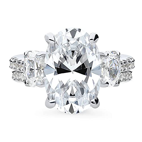 BERRICLE Sterling Silver 3-Stone Wedding Engagement Rings Oval Cut Cubic Zirconia CZ Ring Set for Women, Rhodium Plated Size 8
