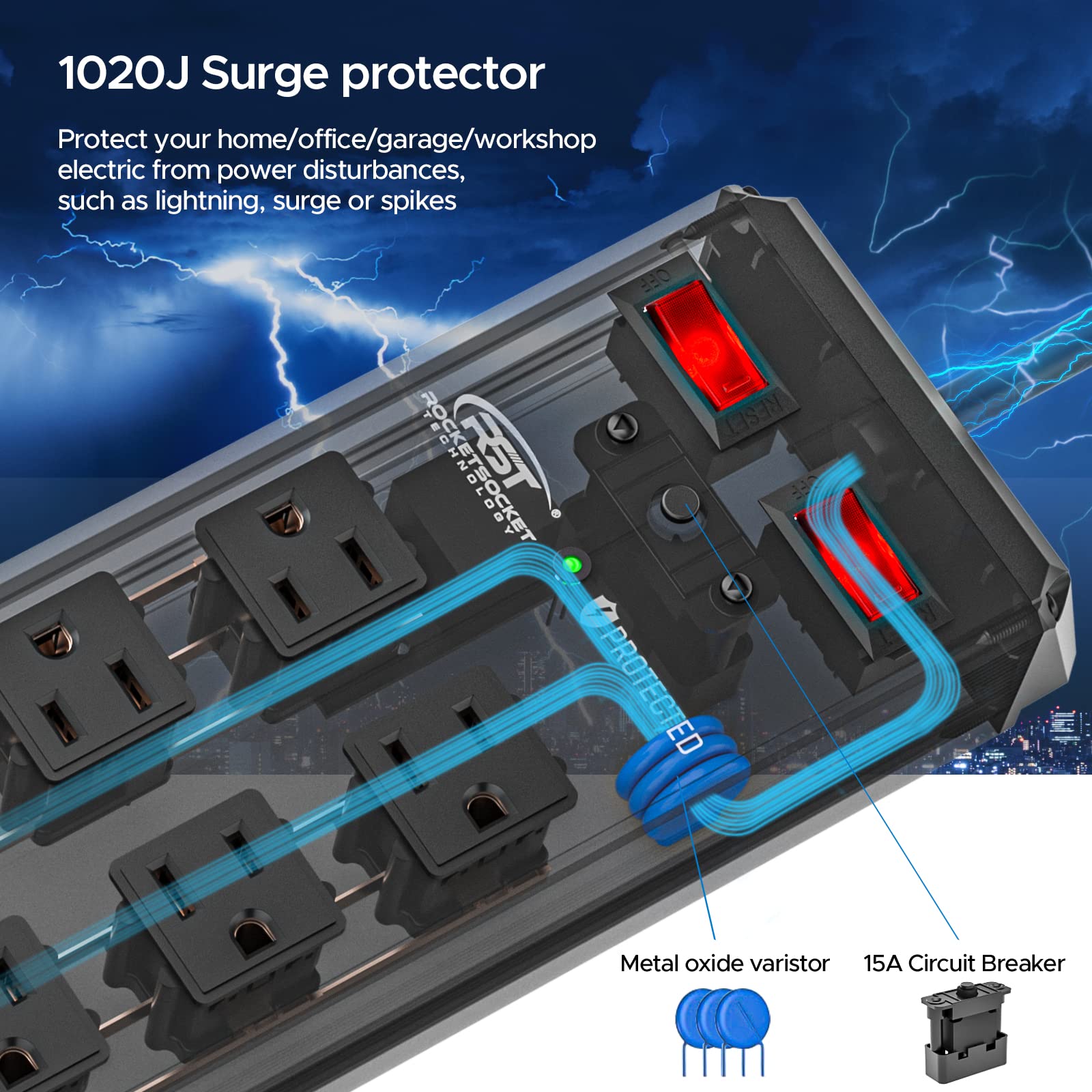 CRST 1875W Heavy Duty Power Strips with Individual Switches Metal Case, 15A Circuit Breaker(1020J) Surge Protector Power Strip, 9 FT Cord, Fit for Workshop, Garage, Home, Office