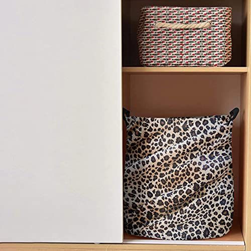 Large Laundry Basket 16.5x17in, Leopard Print Filling Brown Waterproof Dirty Clothes Bag Hamper with Handles, Animal Cheetah Fur Pattern Collapsible Sorter Basket for Bathroom Bedroom Home