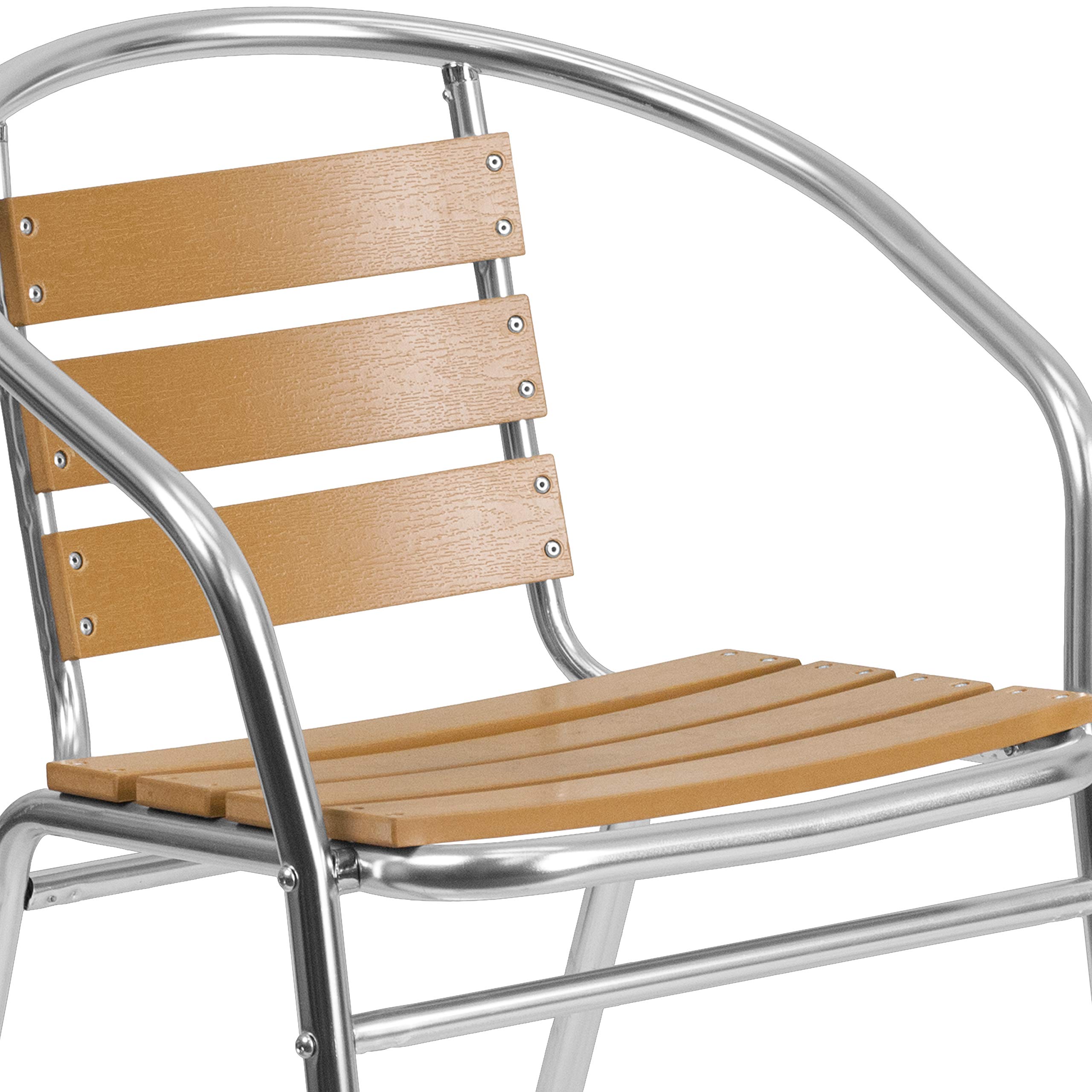 EMMA + OLIVER Aluminum Indoor-Outdoor Stack Chair w/Triple Slat Faux Teak Back