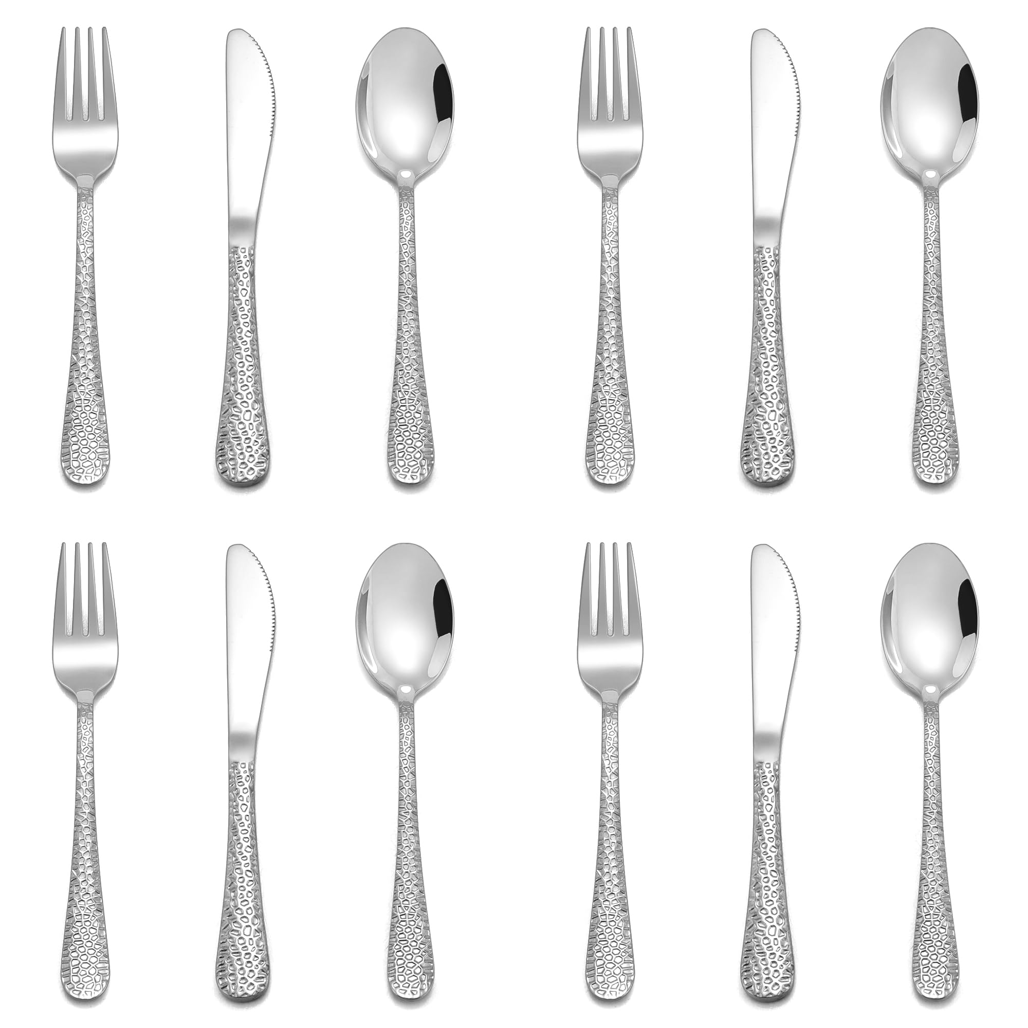 E-far 12-Piece Toddler Silverware, Stainless Steel Kids Preschooler Utensils with Adult Look, Hammered Flatware Includes 4 Forks 4 Spoons 4 Knives, Safe for Self Feeding, Non-Toxic & Dishwasher Safe