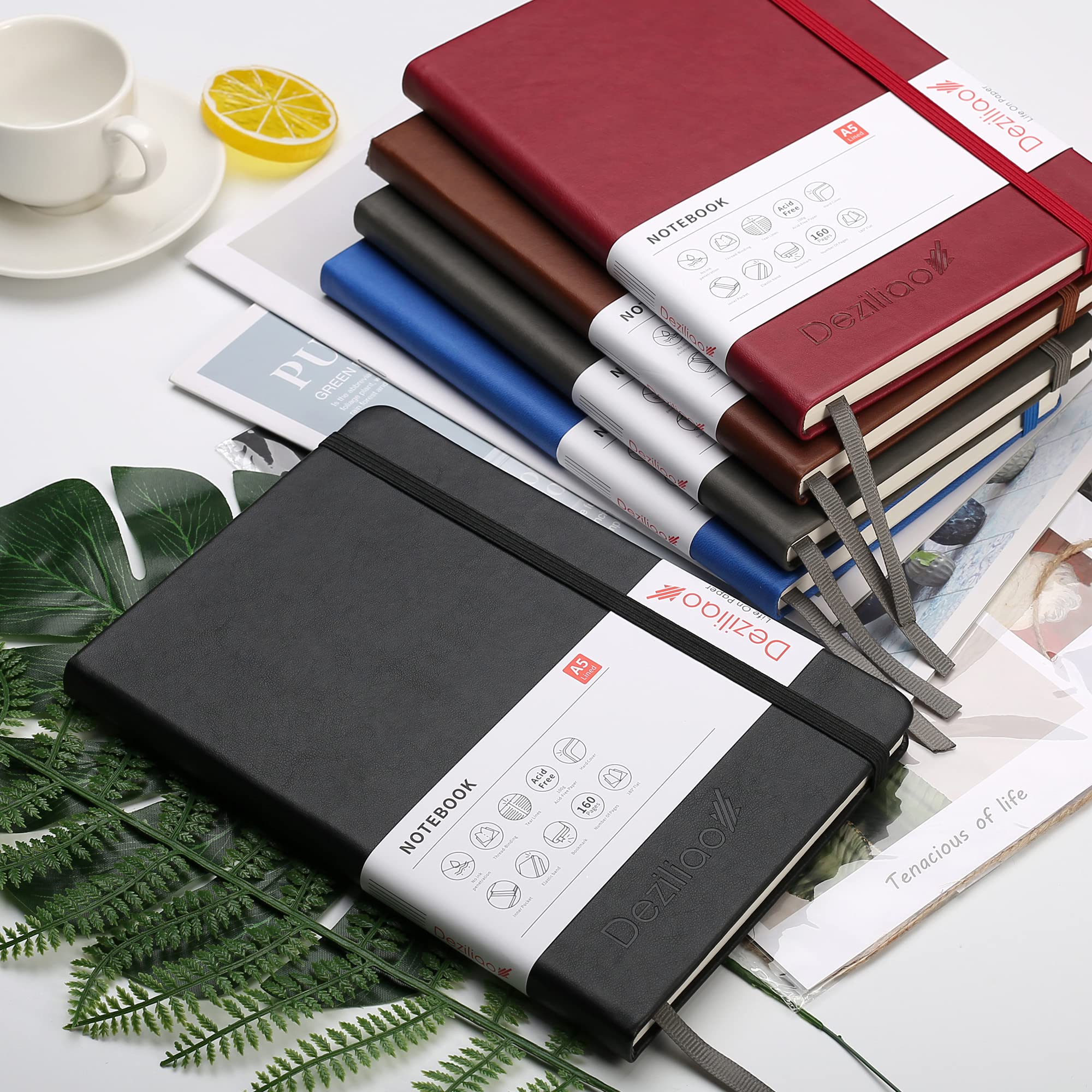 Deziliao Hardcover Notebook Journal 160 Pages, Lined Journal Notebooks for Work, 100Gsm Premium Thick Paper with Pocket, Medium 5.7"x8.4" (Black, Ruled)