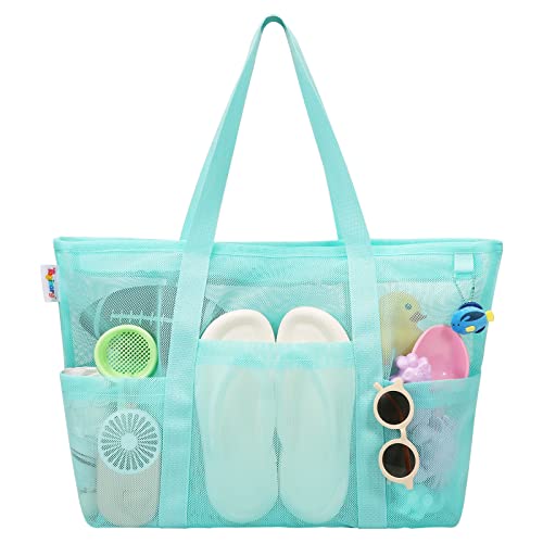Tagitary Mesh Beach Bag with Zipper, Blue Large Beach Tote Waterproof Sandproof with 8 Pockets for Beach Toys Storage Swim Pool Bag Beach Accessories for Vacation Sports Camping Picnic Travel Bag