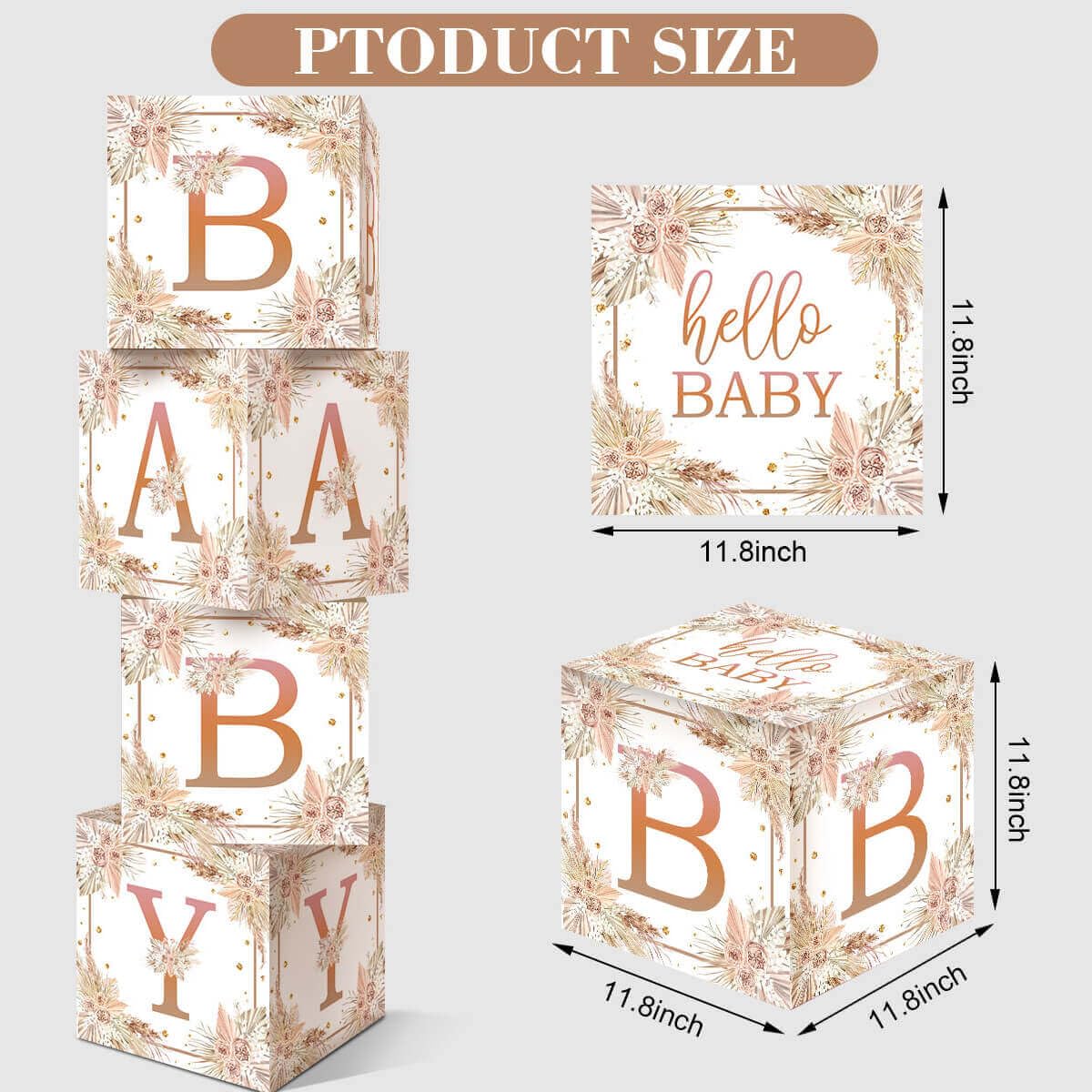 Boho Baby Shower Balloon Boxes Decorations - 4 Pcs Bohemian Pampas Grass Baby Shower Party Decorations for Hello Baby Events