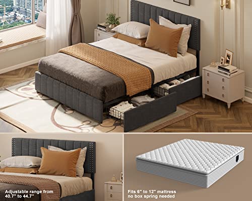 Gizoon Full Bed Frame with 4 Storage Drawers, Upholstered Platform Bed with Drawers and Headboard Adjustable Fits 6” to 12” Mattress, No Box Spring Needed (Dark Grey)