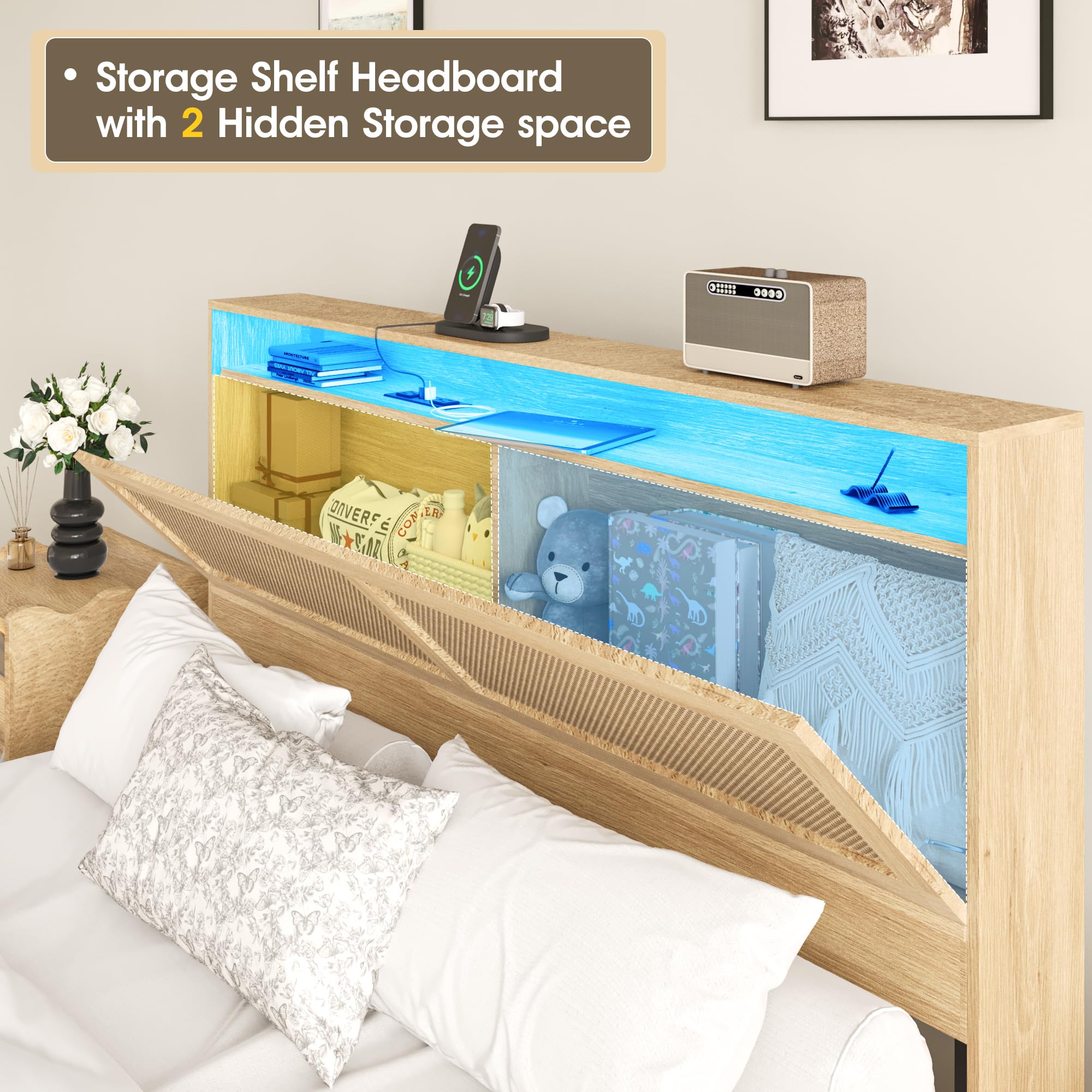 Fameill Queen Size Bed Frame with LED Light and 4 Drawers, Rattan Hidden Storage Headboard, Charging Station, Metal Platform Boho Bed Frame No Box Spring Needed