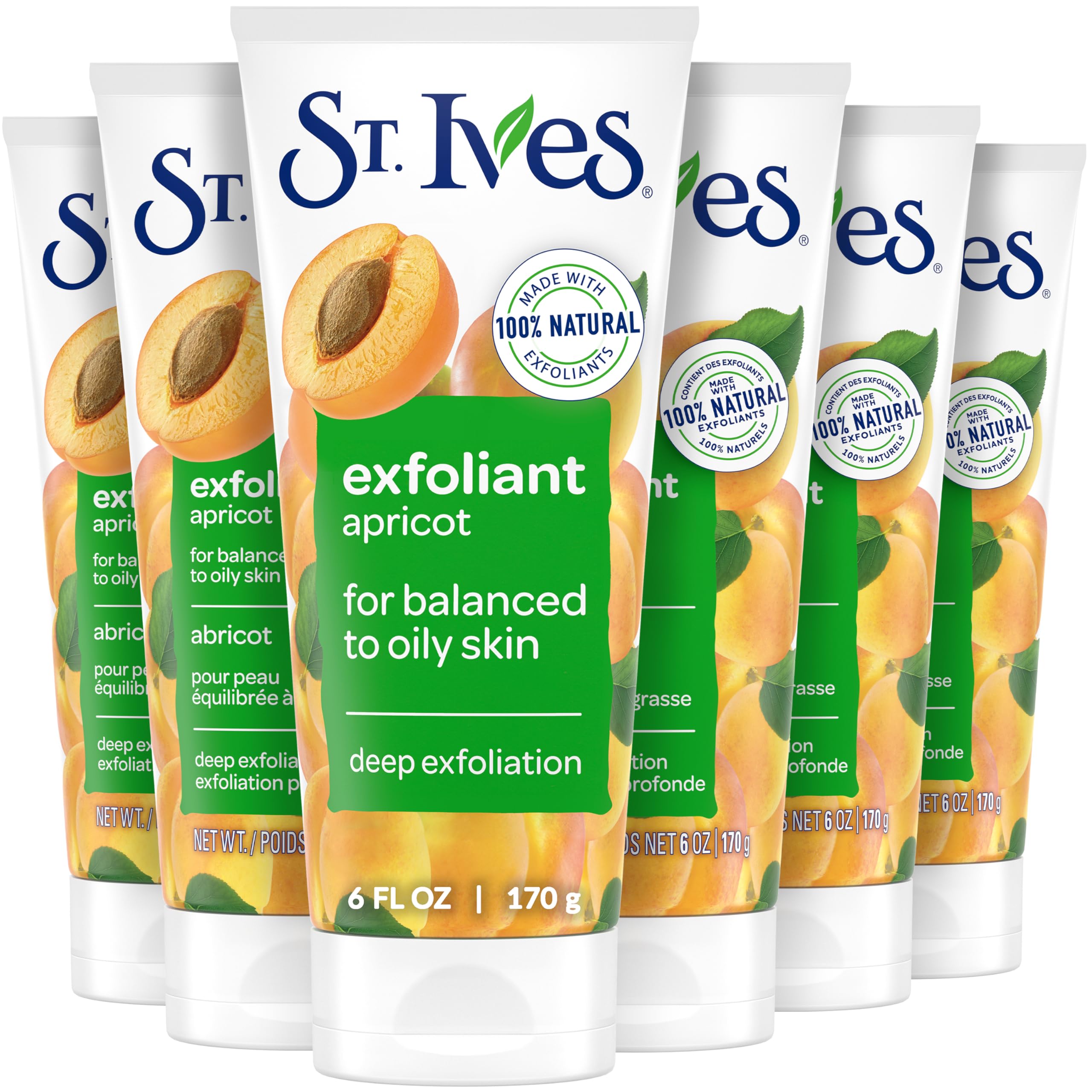 St. Ives Fresh Skin Apricot Face Scrub, Deep Exfoliator Skin Care for Clean, Glowing Skin, Oil-free Facial Scrub Made with 100% Natural Exfoliants, 6 oz, 6 Pack