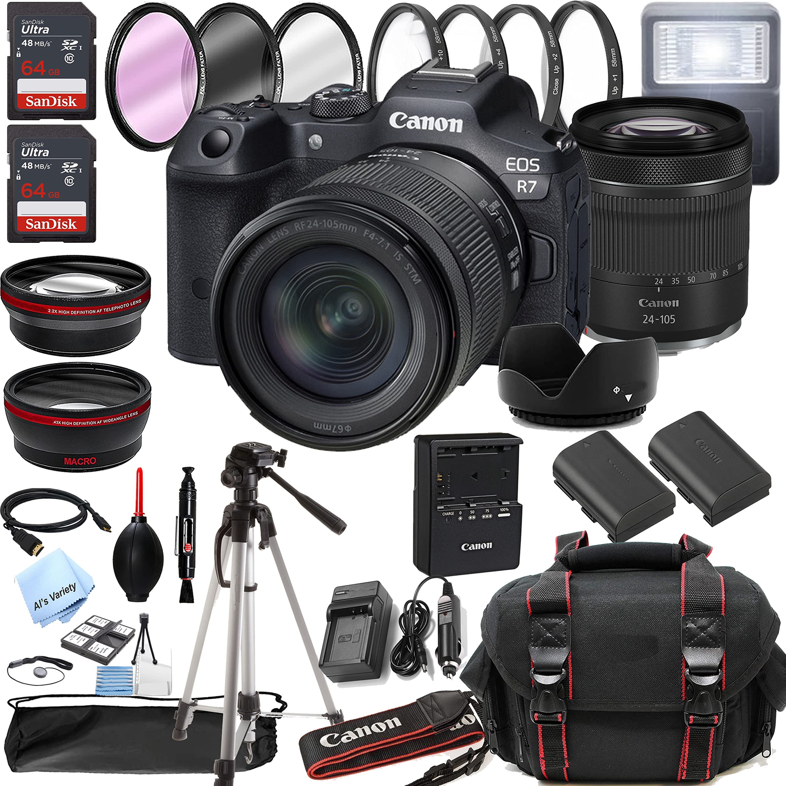 Canon EOS R7 Mirrorless Digital Camera with RF 24-105mm f/4-7.1 STM Lens + 128GB Memory + Case + Tripod + Filters (38pc Bundle) (Renewed)