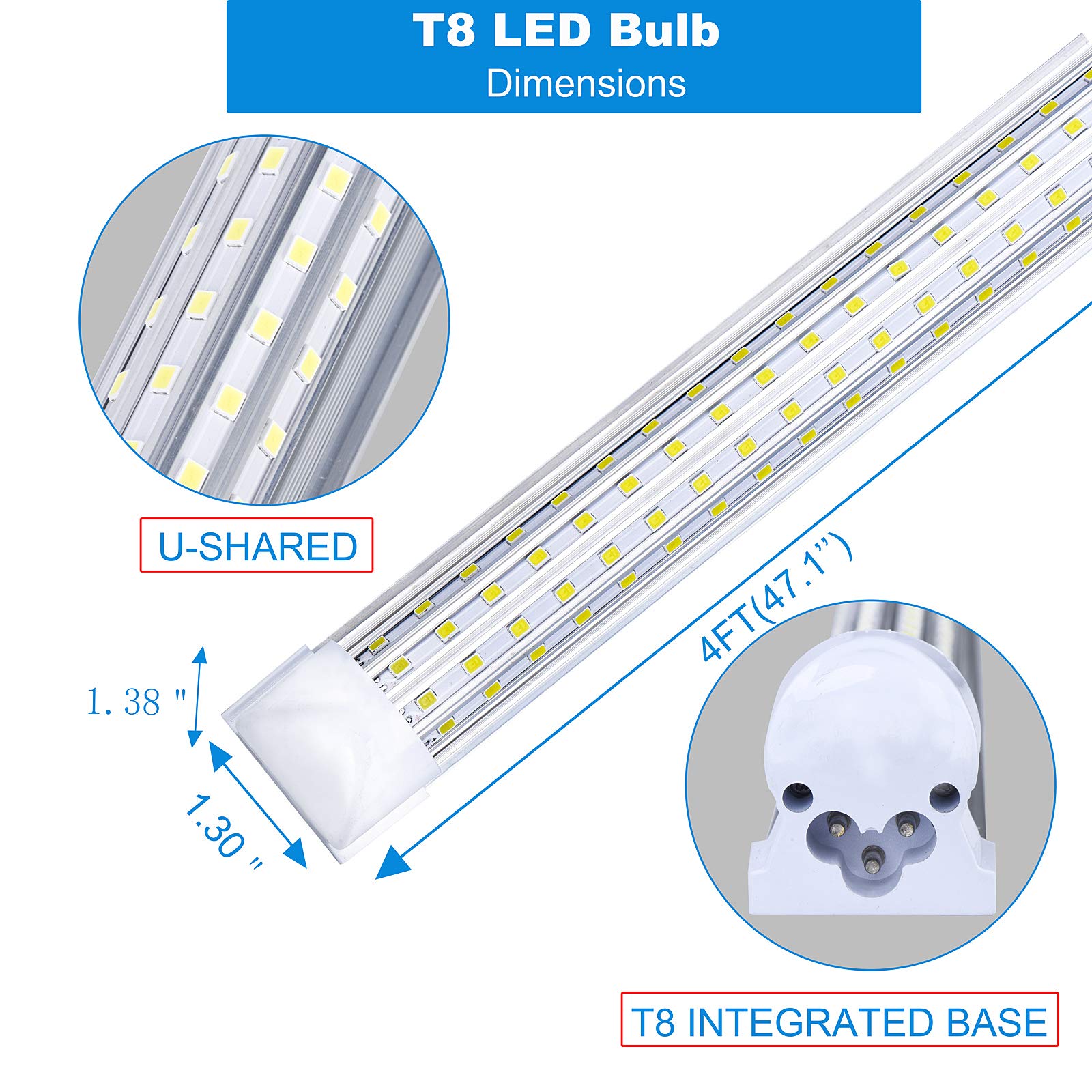 FTUBET (6- Pack) 4FT LED Shop Light, 55W 5000K Daylight White 7500LM Super Bright T8 Integrated Fixture U-Shape 4 Rows Linkable Tube Lights for Garage Warehouse Workshop Basement Plug and Play